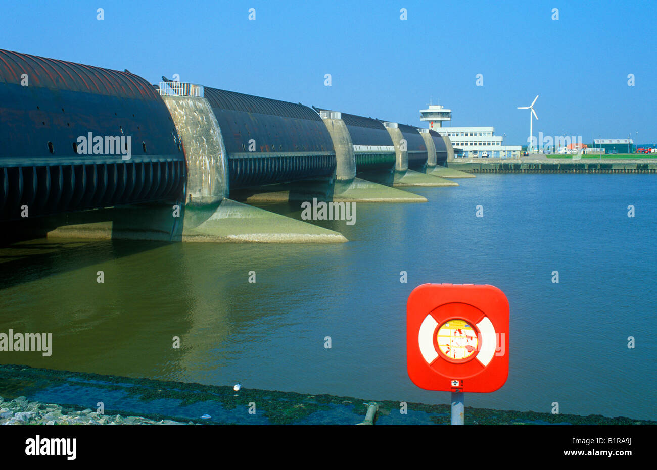 river barrier across river Eider, North Sea Coast, Northern Germany ...