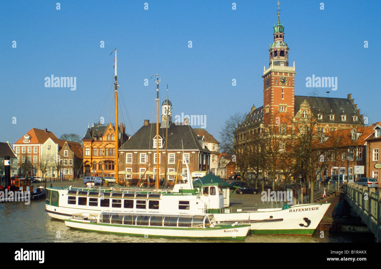 harbour with Waage Building and town hall at Leer in East Friesland in ...