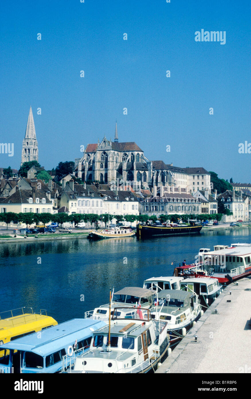 Auxerre Burgundy River Yonne France Cathedral boats French town scenery ...