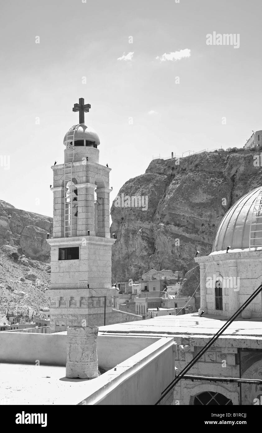 Syria Maaloula St Thekla monastery bell tower black and white Stock ...