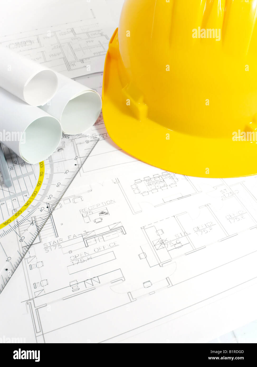 Building projects with architect drawing and protective tools Stock ...