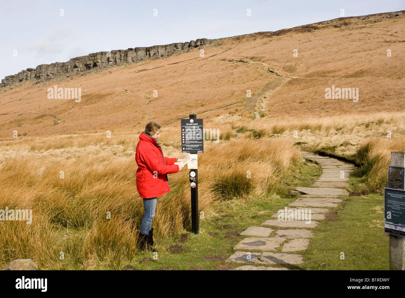 Walker reading map at Stannage Edge, Peak District National Park ...