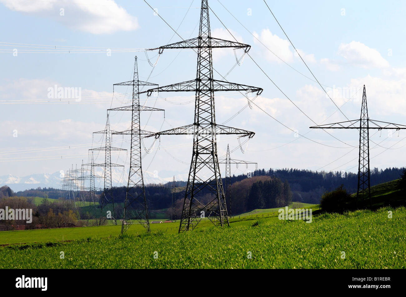 High voltage transmission lines on the Alpine foothills, Wetterstein ...