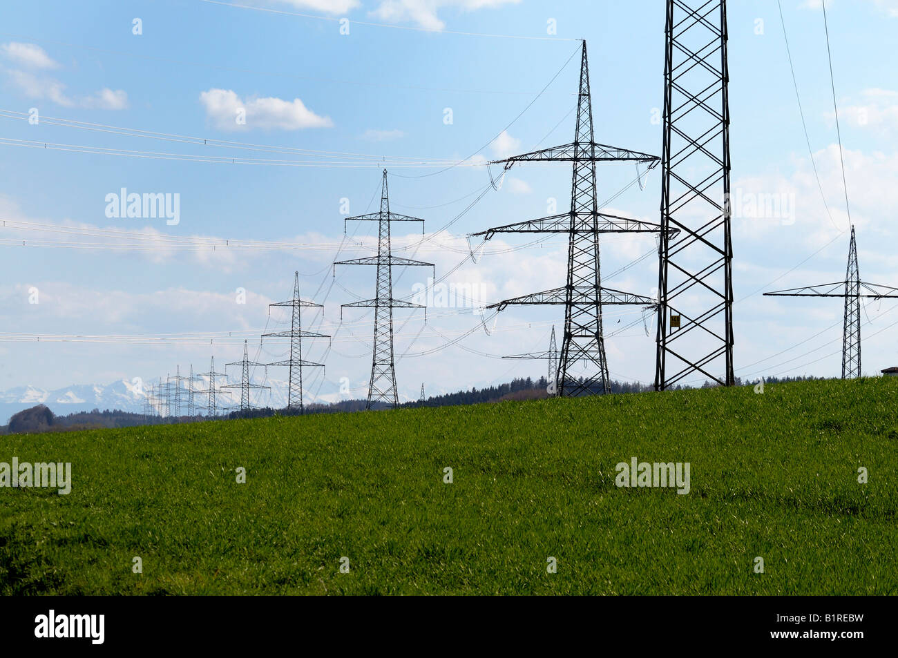 High voltage transmission lines on the Alpine foothills, Wetterstein ...