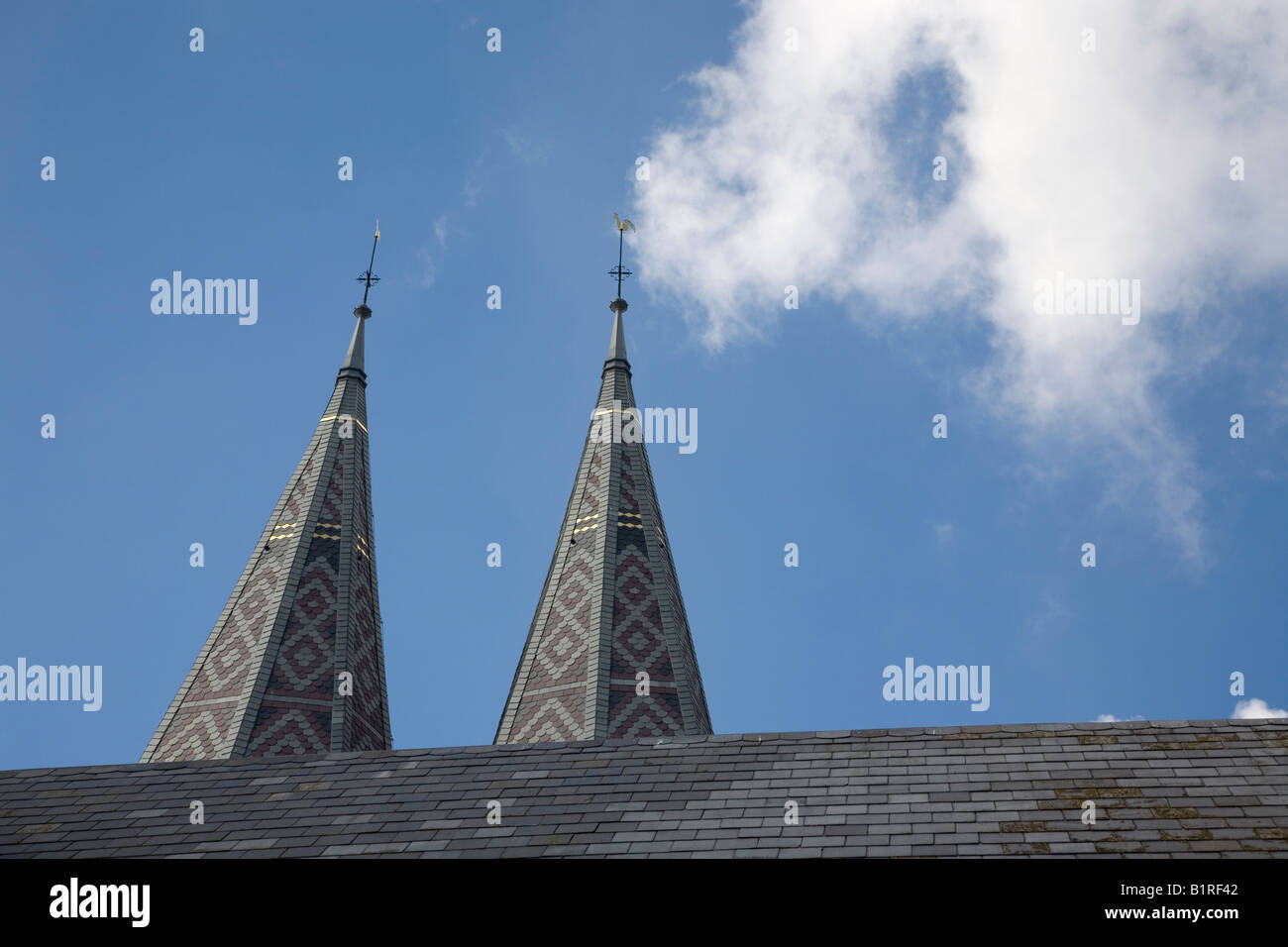 Church towers decorated with colourful slates, Broager, southern ...