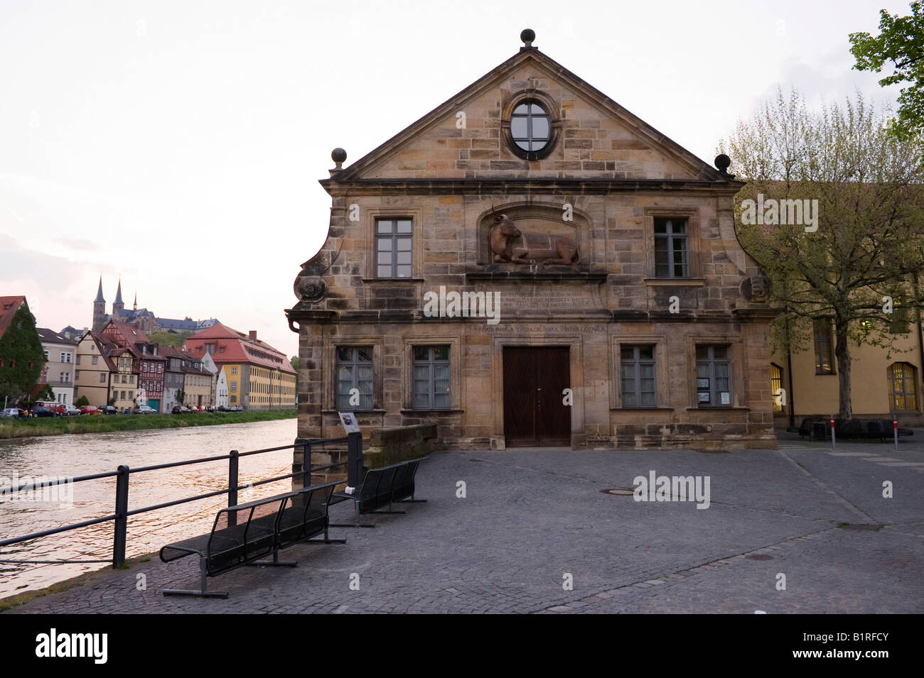 The old abattoir on the Regnitz River, behind it the Michaelsberg-St ...