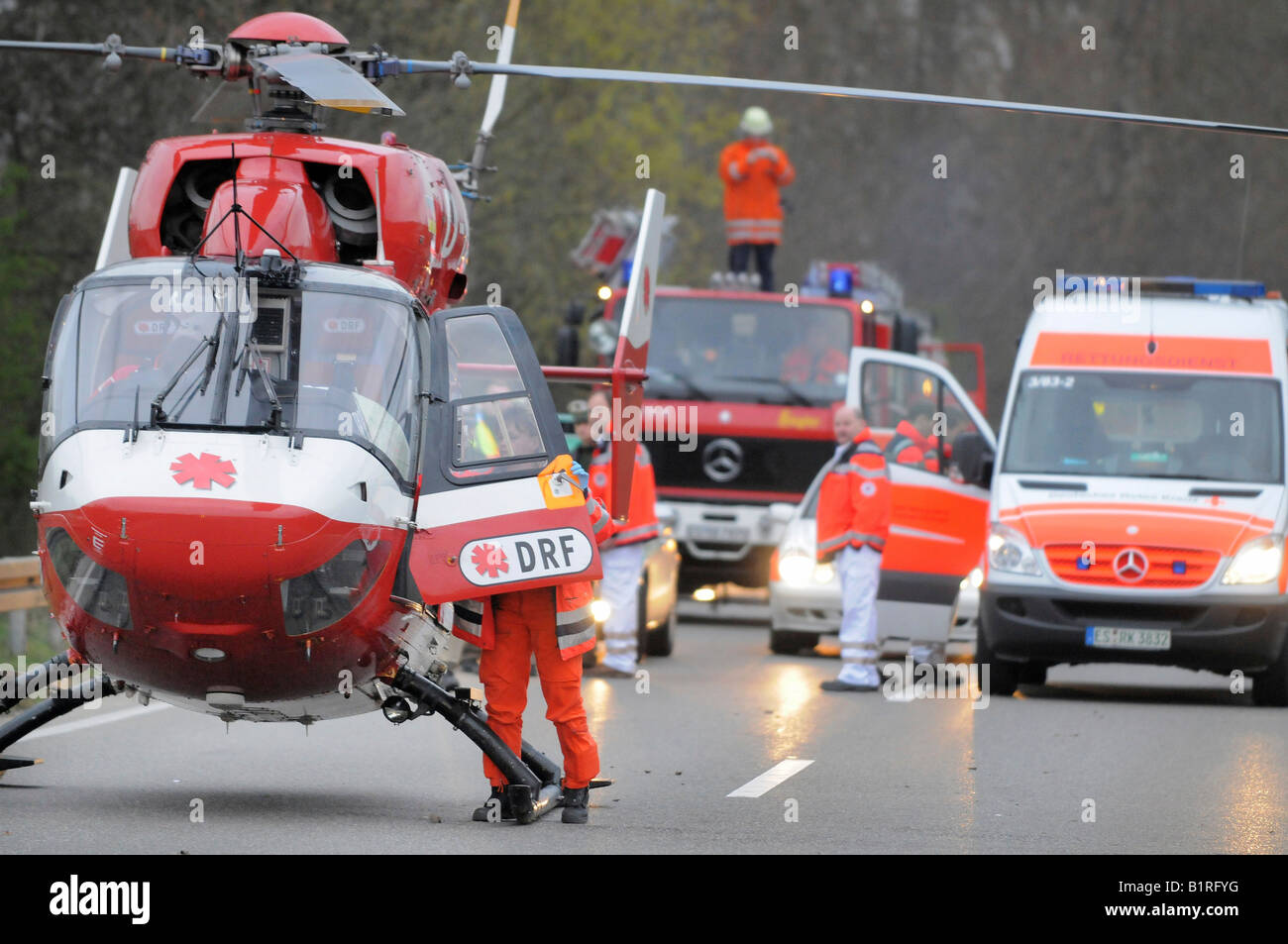 German air rescue helicopter landed at the scene of a car accident on ...