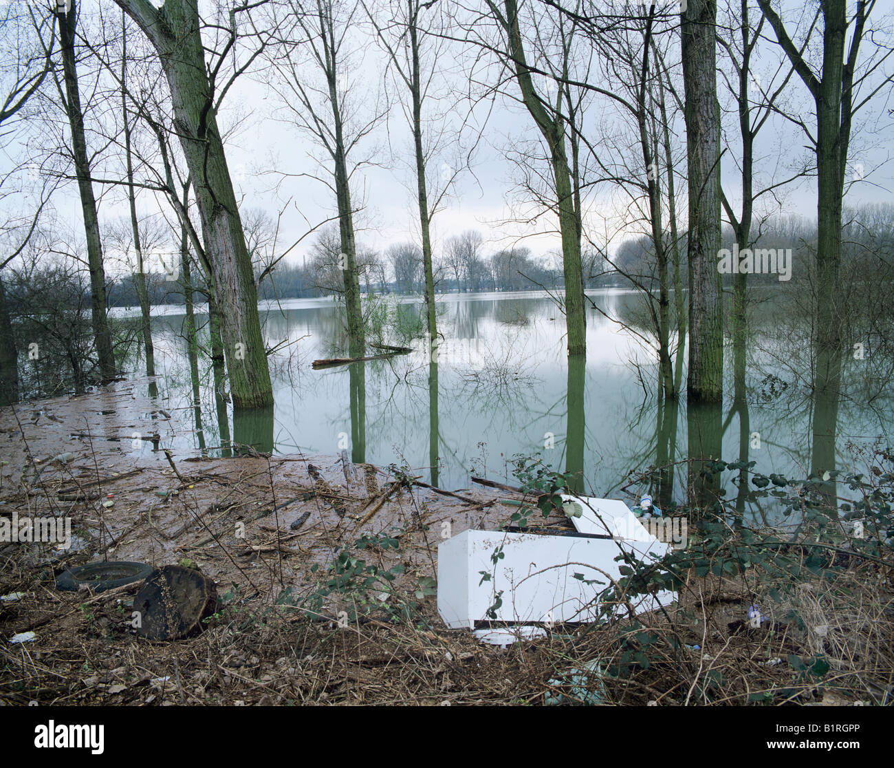 Refrigerator swept up in a flood plain, flotsam, flooding, CFC, CFCs ...