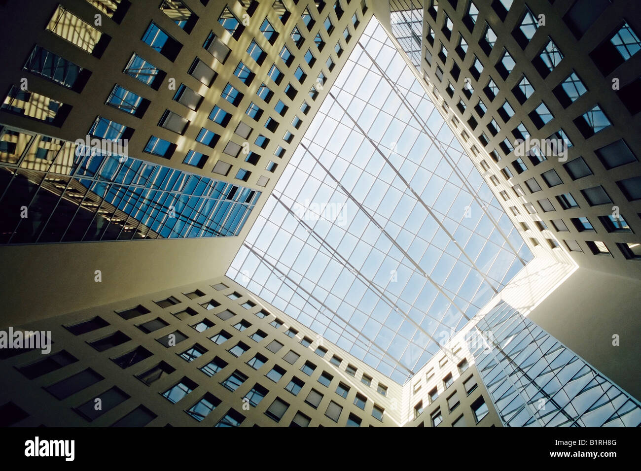 Modern atrium building, view from below, corporate headquarters of ...