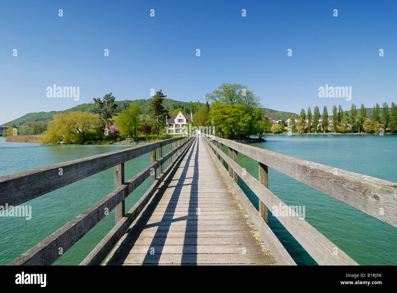 Wooden footbridge leading to Klosterinsel Werd, Isle of Werd Monastery ...