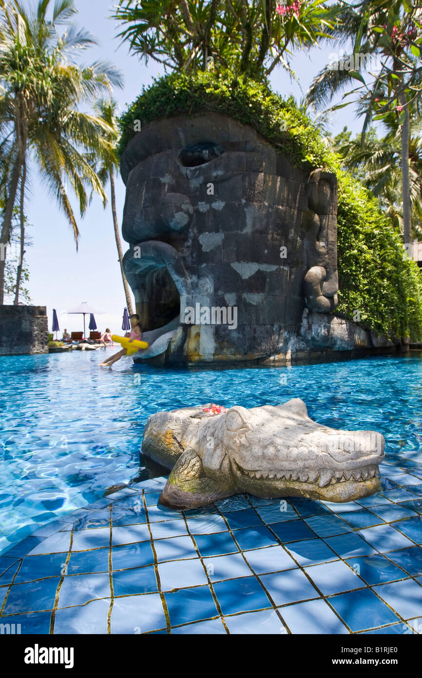 Pool area, stone crocodile, Sheraton Hotel near Senggigi, Lombok Island ...