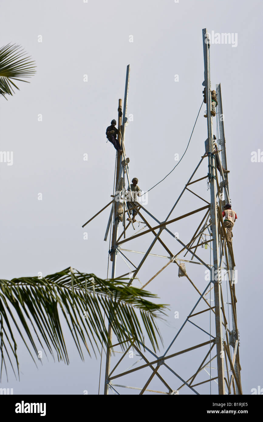 Workers building scaffolding, construction of a radio mast for ...