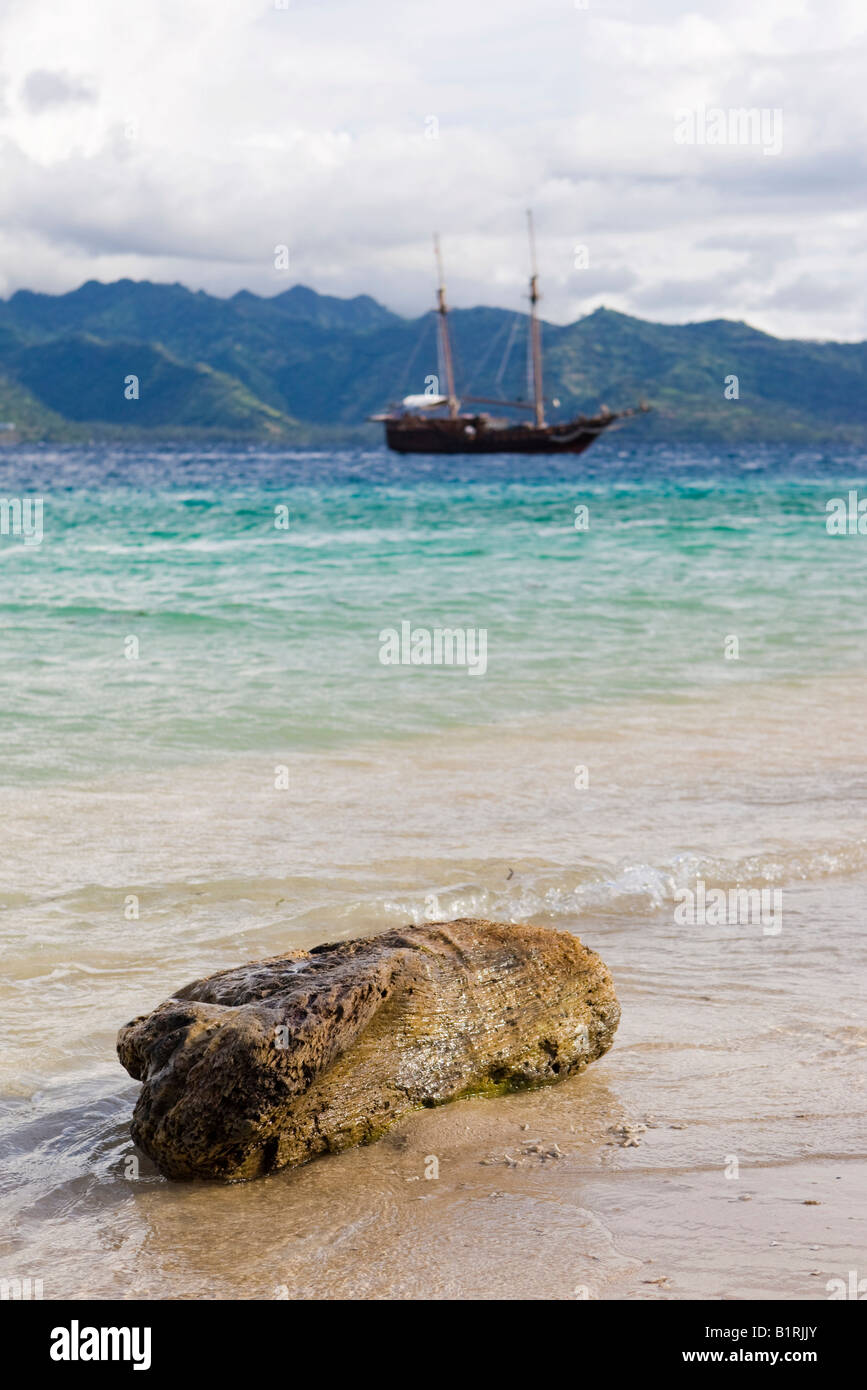 Old log lying on the beach, anchored sailing boat, Trawangan Island ...