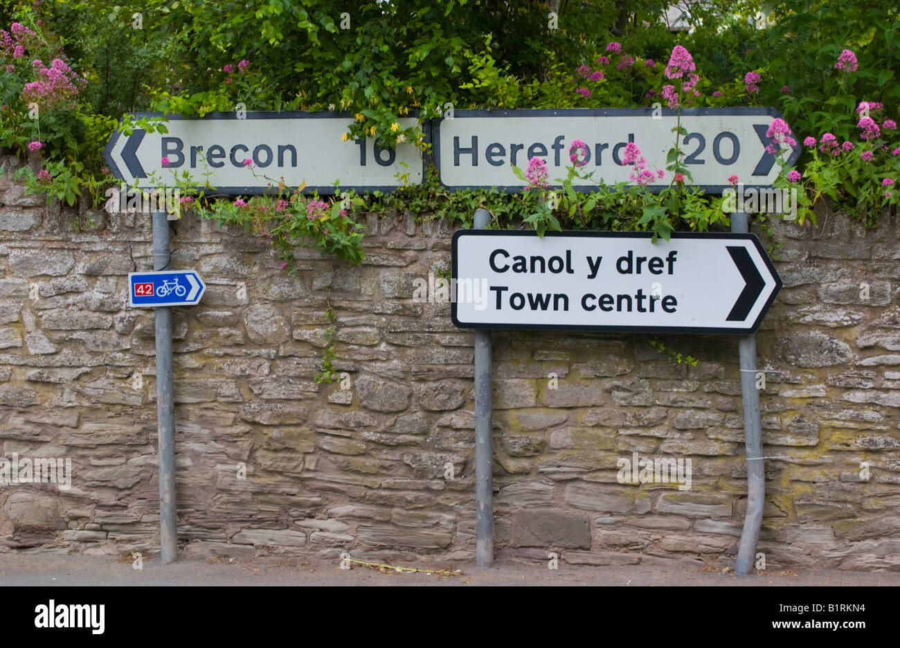 Road signs in Hay on Wye Powys Wales UK EU Stock Photo - Alamy