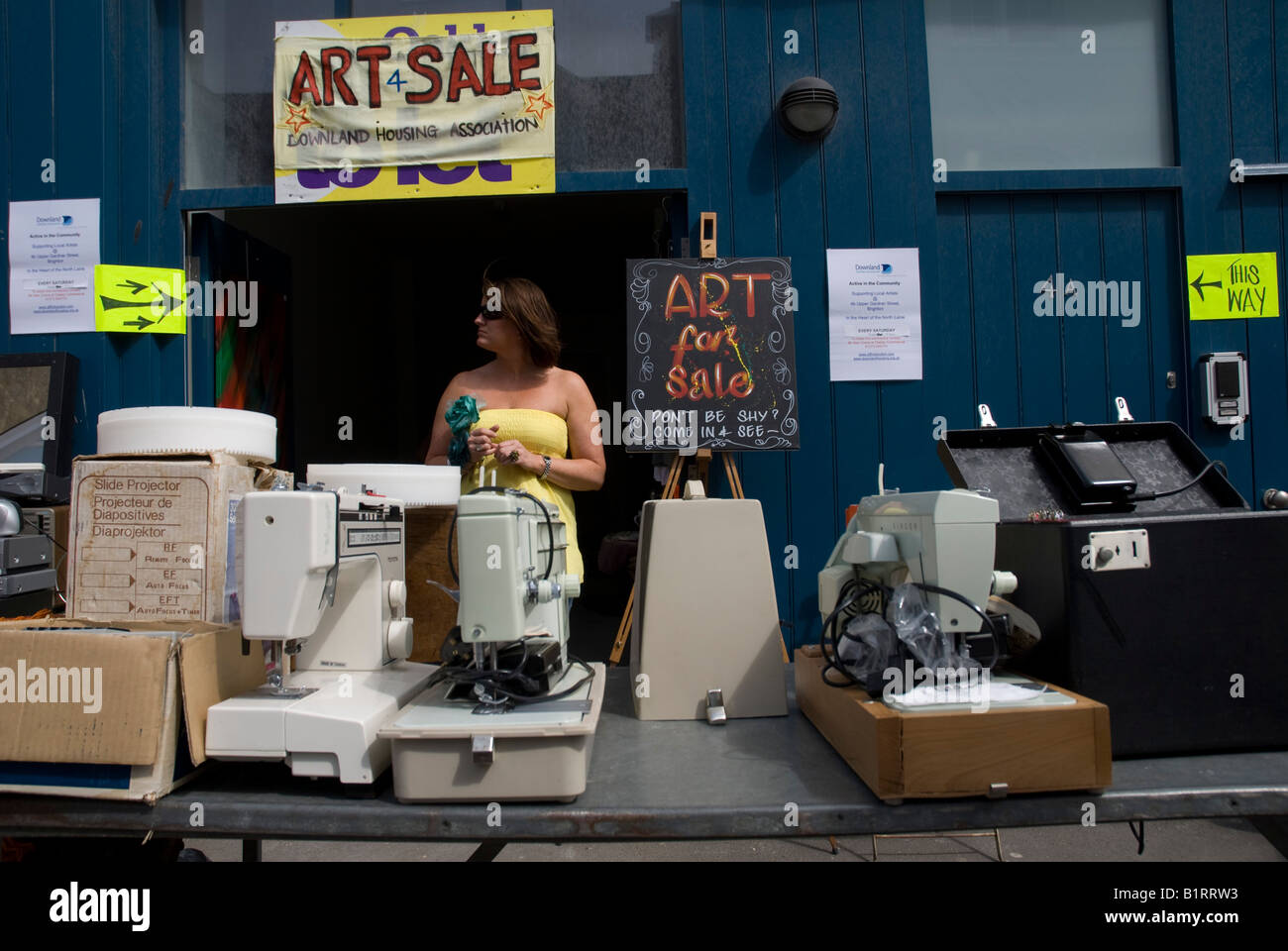 A street market stall selling sewing machines in the North Laine area ...
