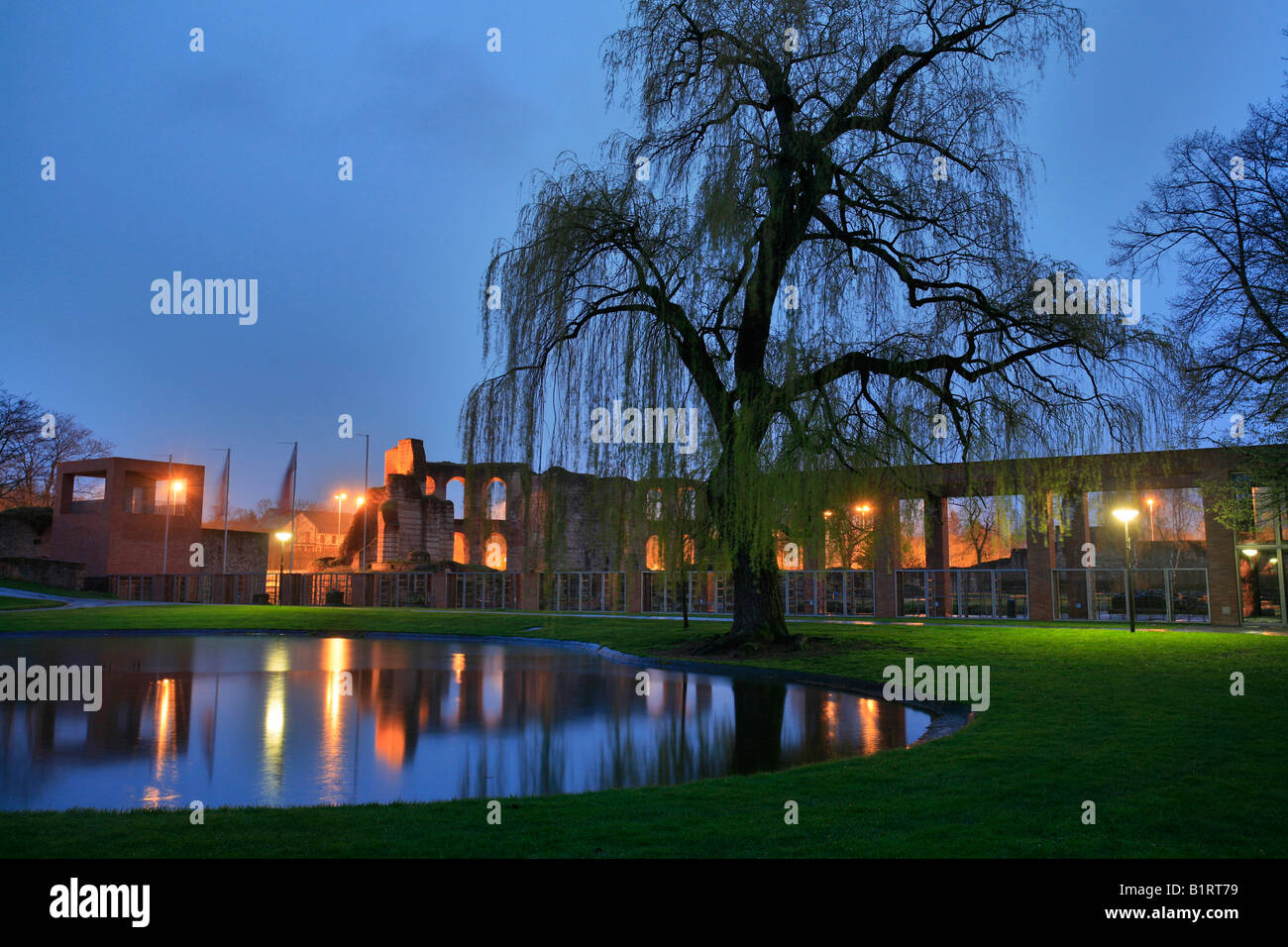 The Imperial Baths or Kaiserthermen at dusk in the Roman town Trier ...