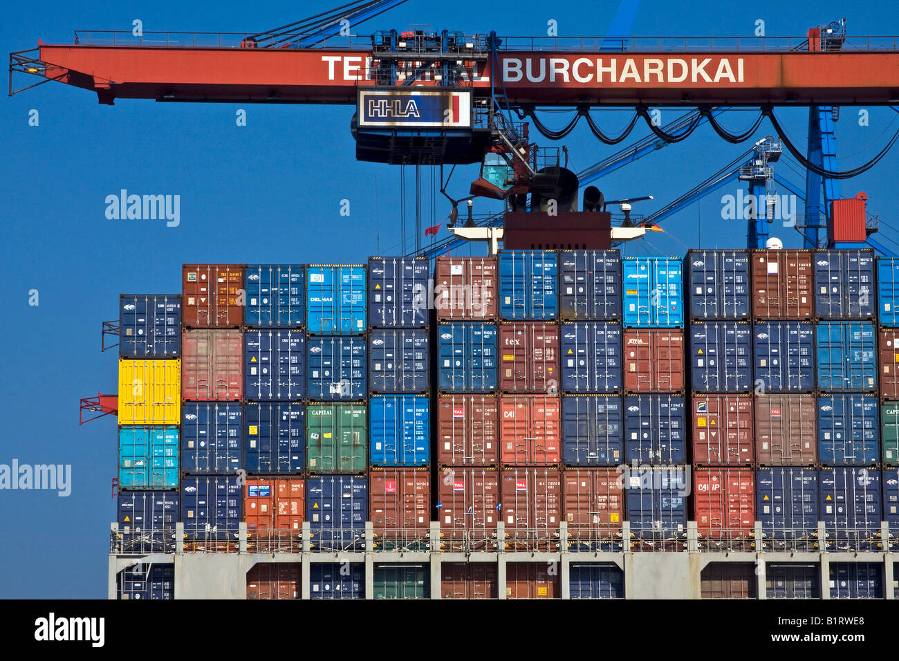 Container ship being loaded at the Burchardkai container terminal ...