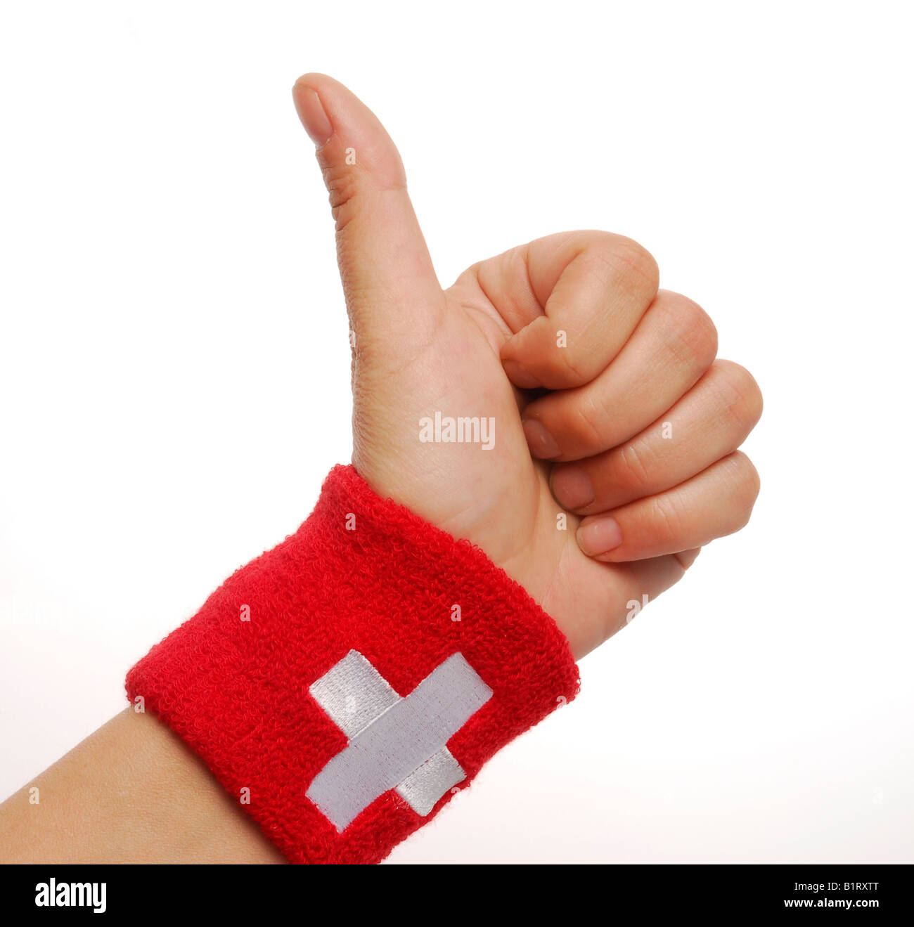 Thumbs-up sign, Switzerland, wristband in the colours of the Swiss flag ...