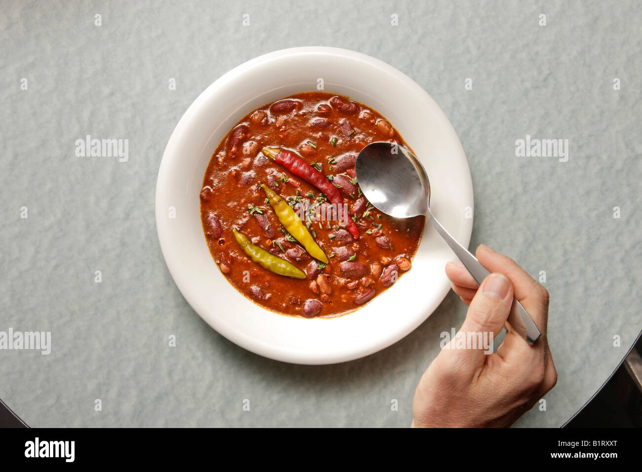 Plate of Chilli-Con-Carne with Peperoni Stock Photo - Alamy