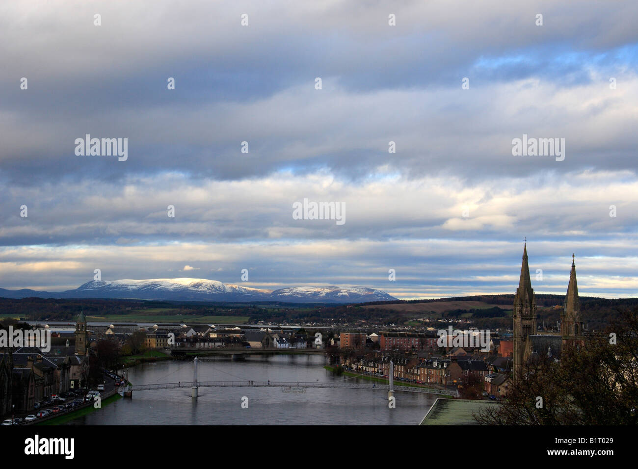 View from Inverness castle north over city to snowcapped Ben Wyvis ...