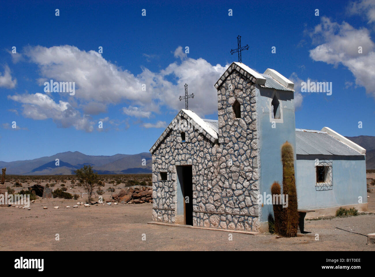 Small stone chapel with cactus, Andean high plain, Salta Province, the ...