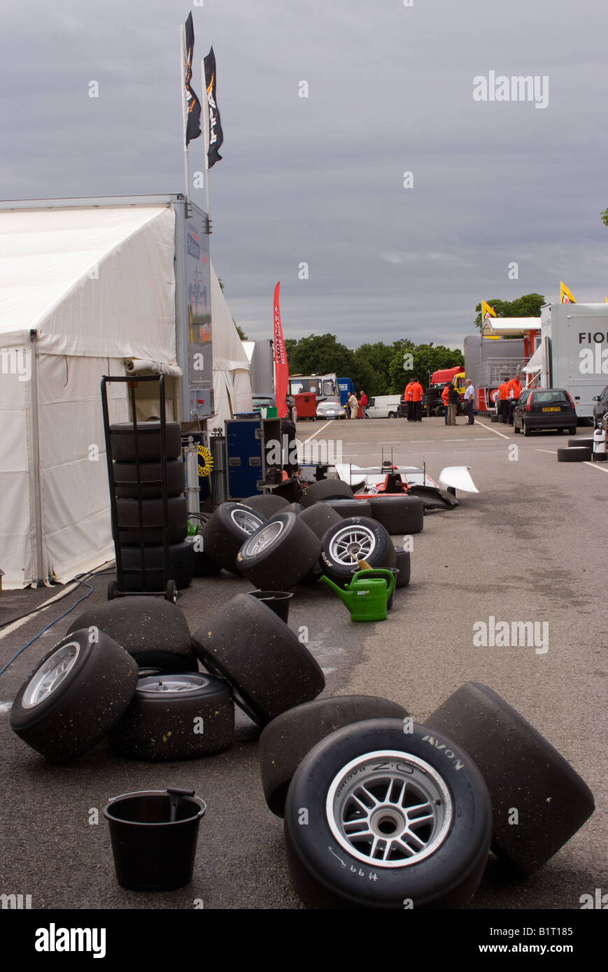 Piles of Slick Tyres on Wheels for Formula Palmer Audi racing Cars at ...