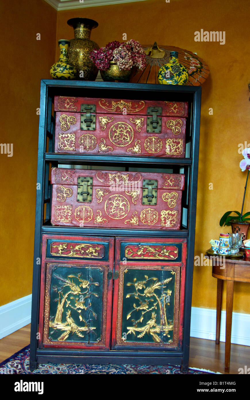 Antique ornately decorated Chinese chests Stock Photo - Alamy