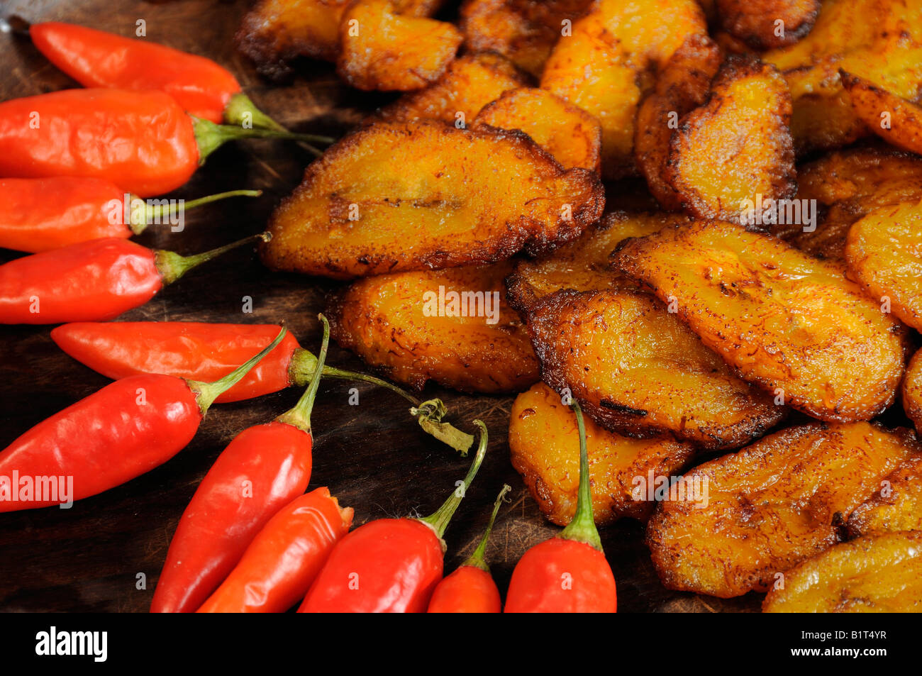 detail of typical cuban dish with red peppers and fried banana Stock ...