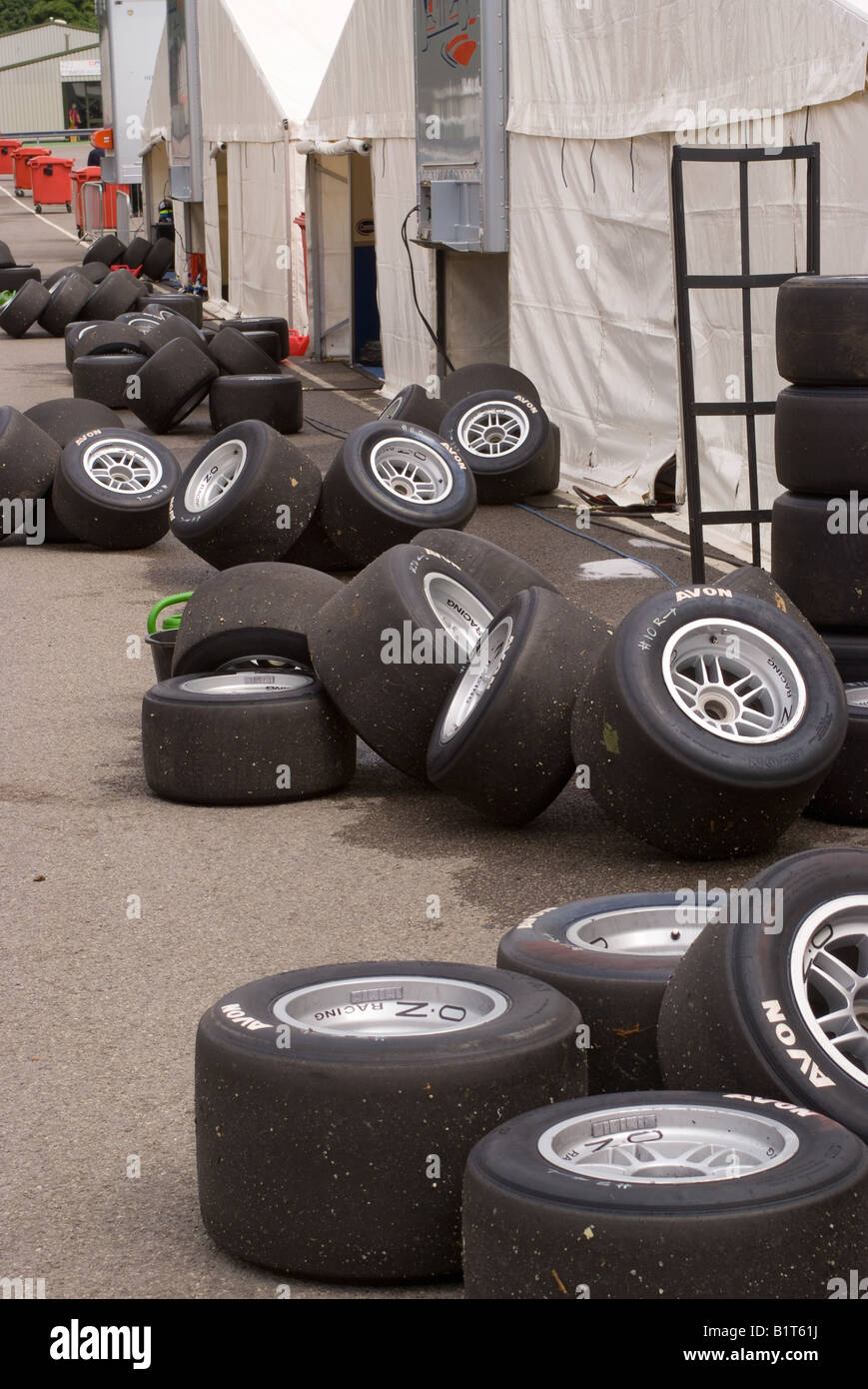 Piles of Slick Tyres on Wheels for Formula Palmer Audi racing Cars at ...