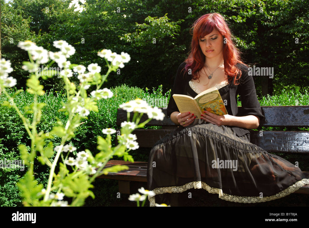 fairy tale girl reading Alice in Wonderland seated on a park bench ...