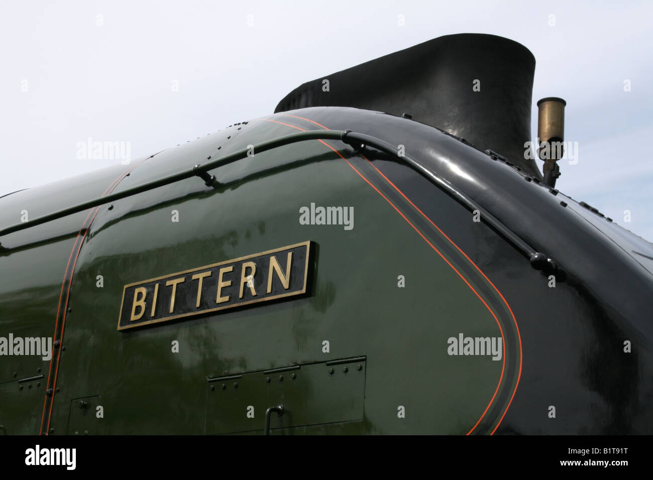 A4 class 'Bittern' steam engine smoke stack name plate Stock Photo - Alamy
