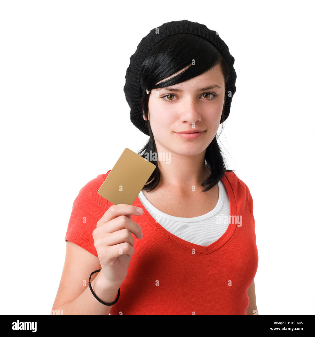 Girl with credit card smiles Stock Photo - Alamy