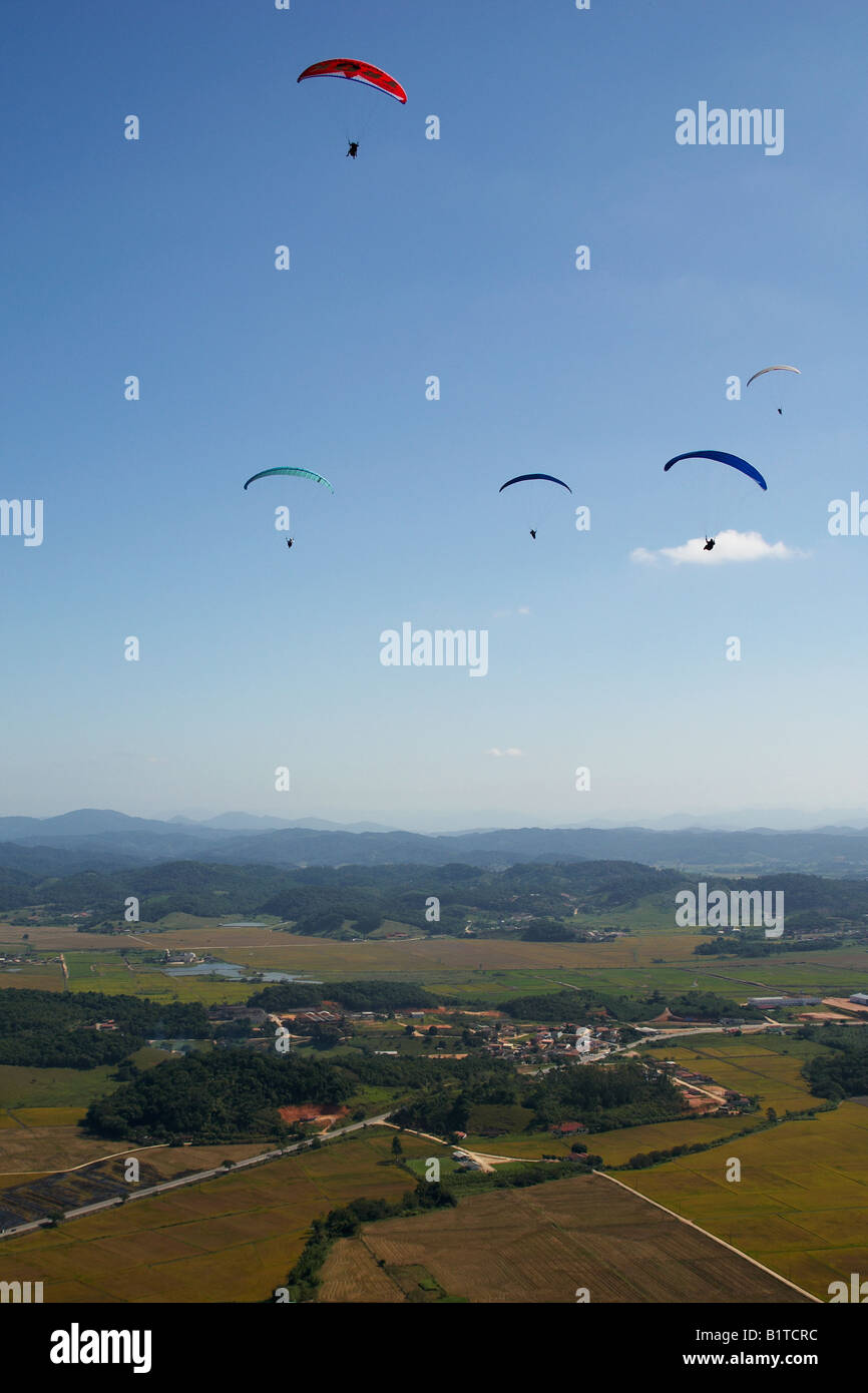 Paragliders flying over rice fields in Santa Catarina Brazil Stock ...