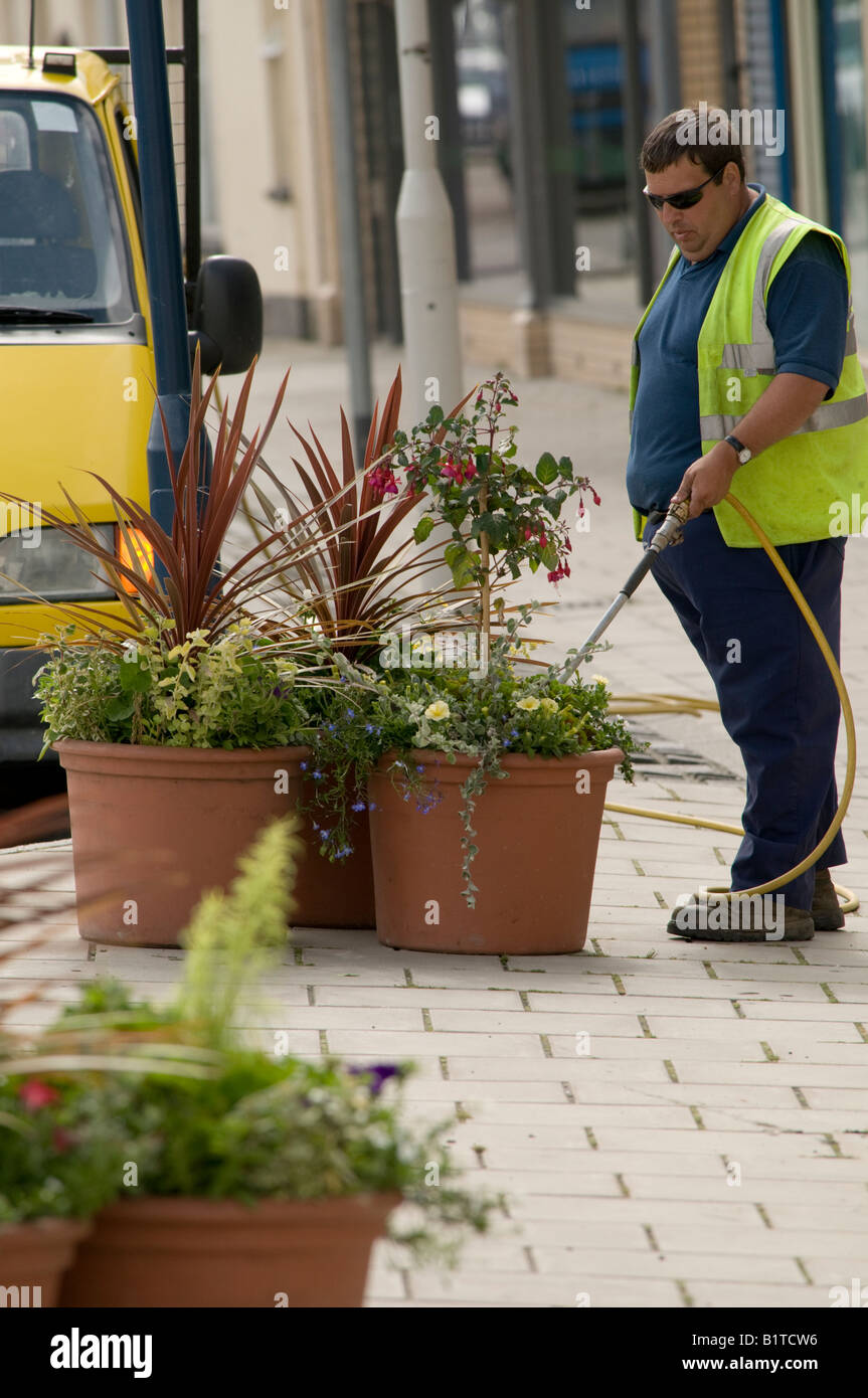 Local authority employee watering flower tubs on the street ...