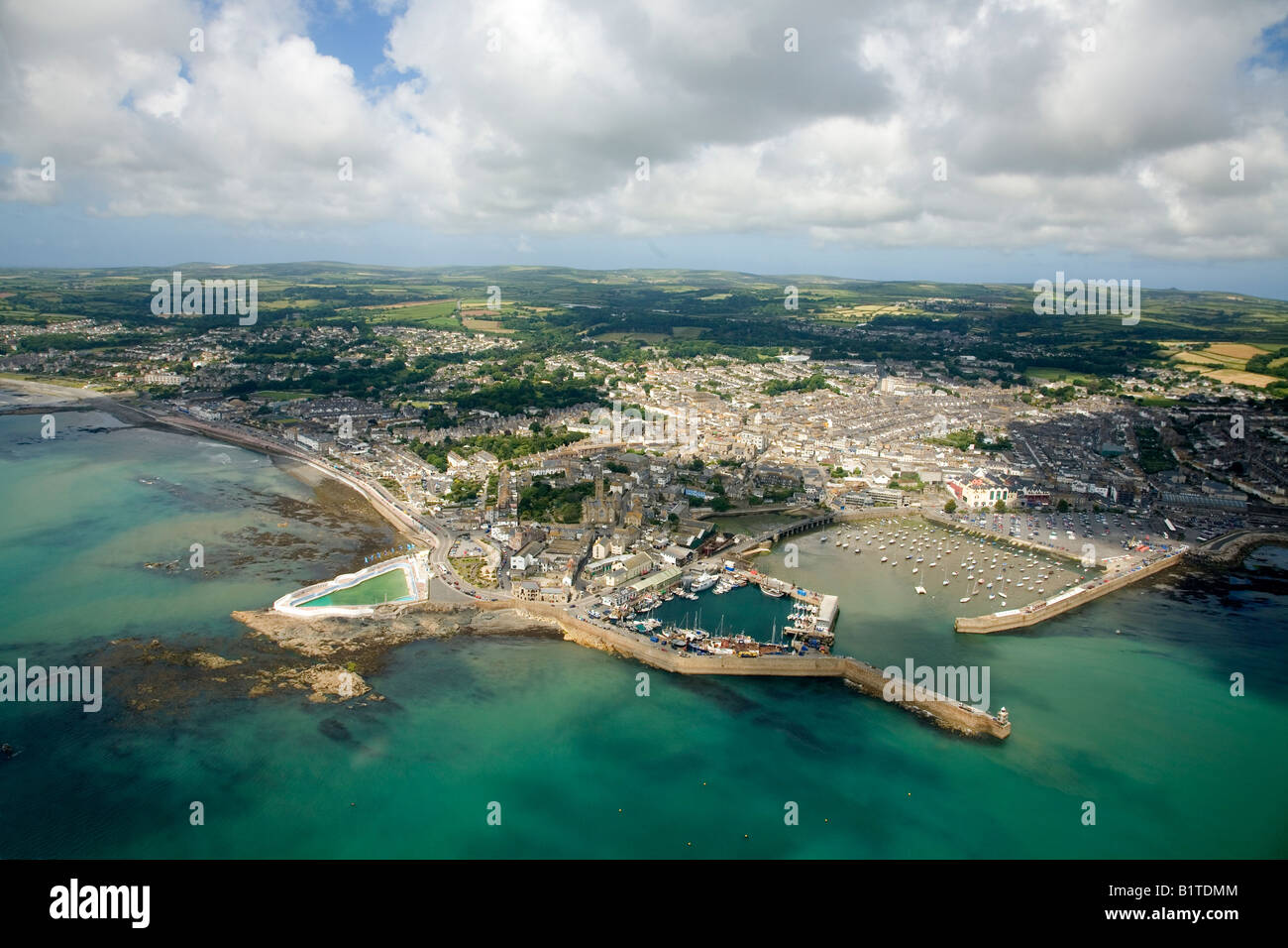 Penzance aerial view showing Jubilee outdoor pool lido Cornwall England ...