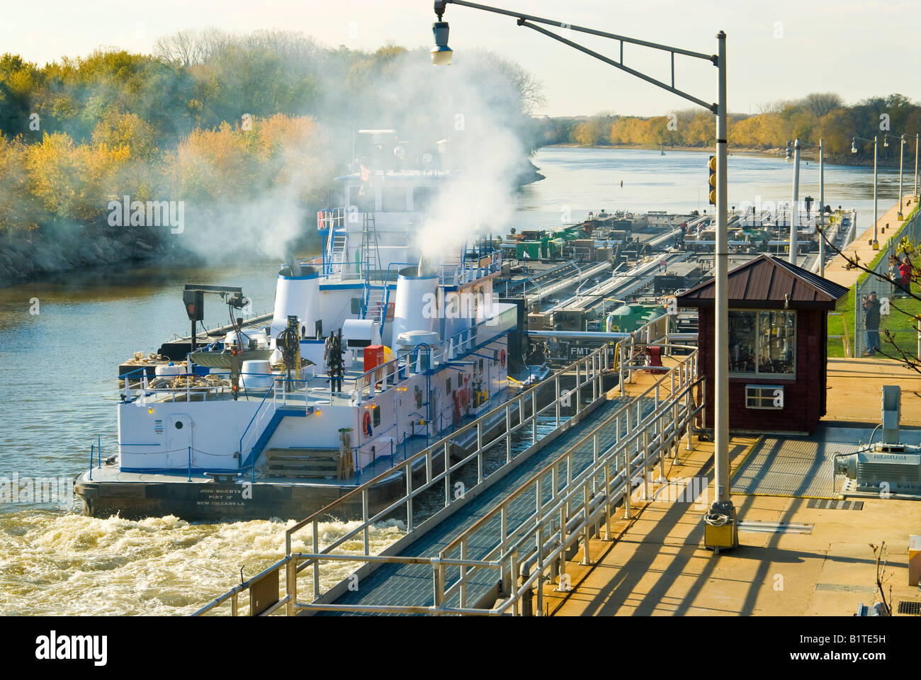 John Roberts Tug Boat & Barge Leaving Lock Stock Photo - Alamy