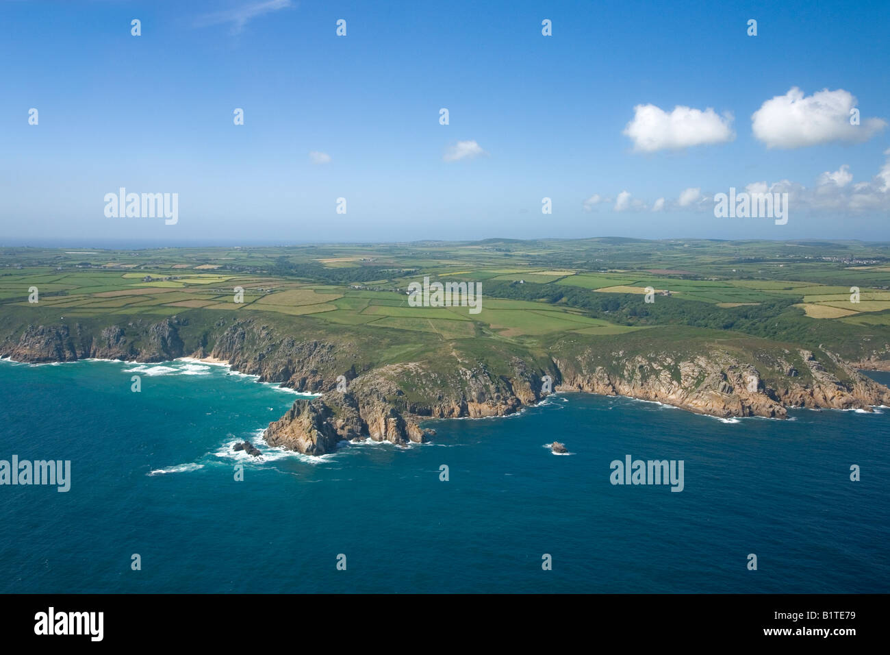 Treen Cliff and Logans Rock aerial view West Penwith Cornwall England ...