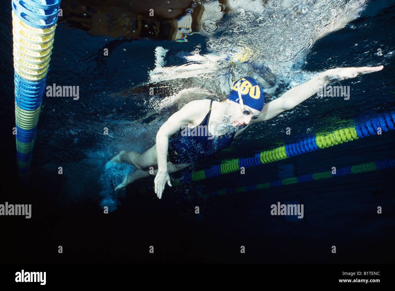 Underwater view of high school swim team members working out in a ...