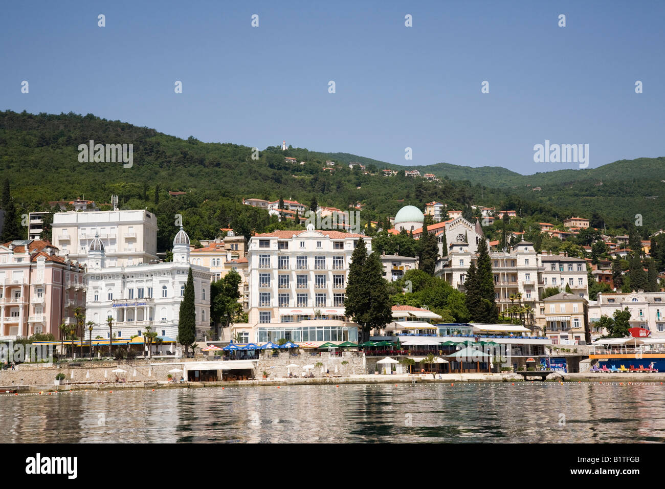 Opatija Istria Croatia Europe Offshore panorama of waterfront buildings ...