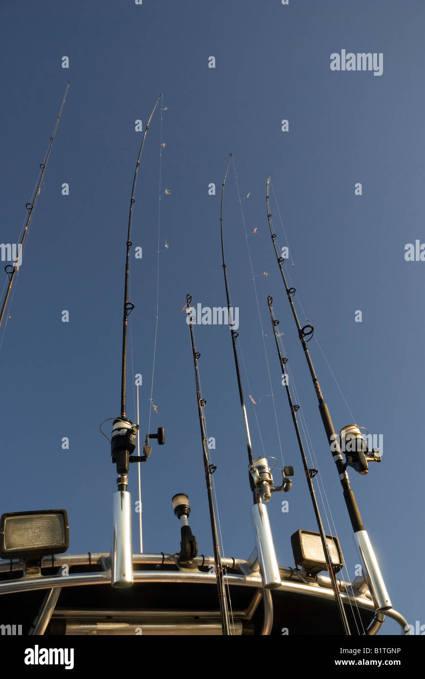 spin casting fishing rods reels atop fishing boat in Apalachicola Bay ...
