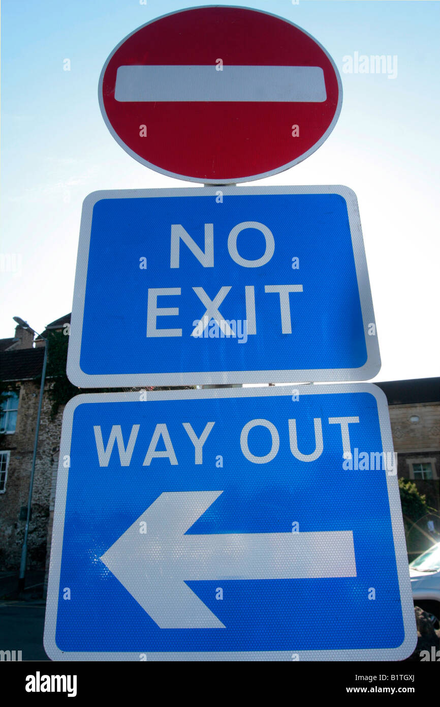 No Entry, No Exit, Way Out traffic signs in a car park in England Stock ...