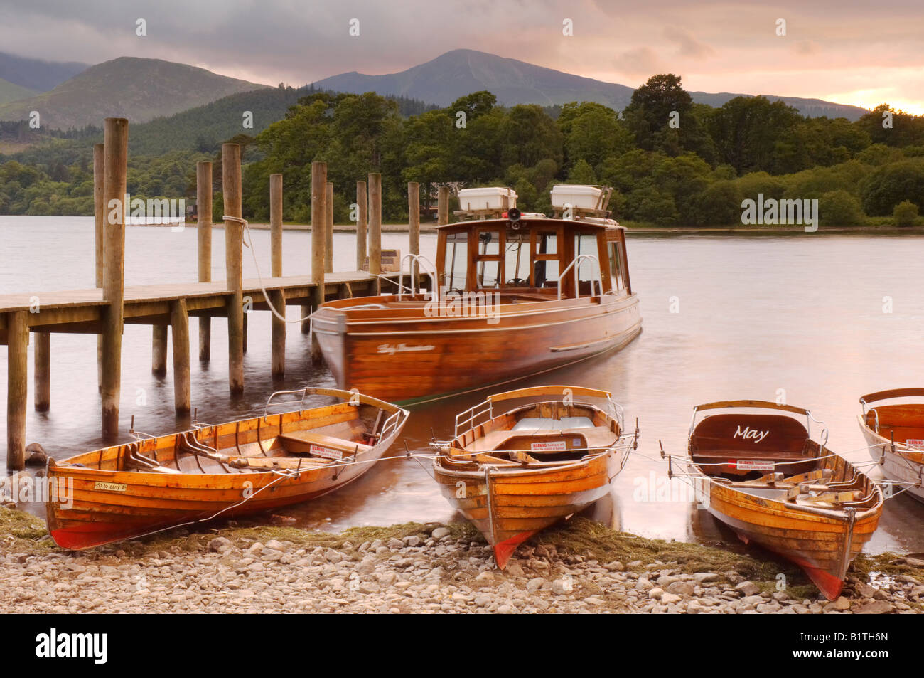 Sunset at Derwentwater landing stages Lake District Cumbria UK Stock ...
