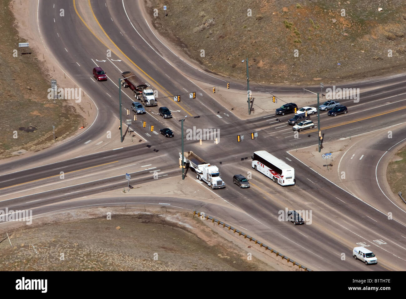 Two four-lane highways intersect in the mountains of Colorado Stock ...