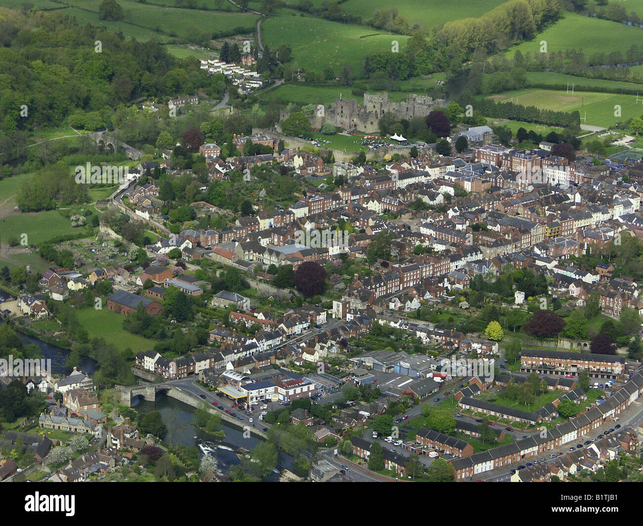Ludlow uk from the air showing the medieval regular street pattern, the ...