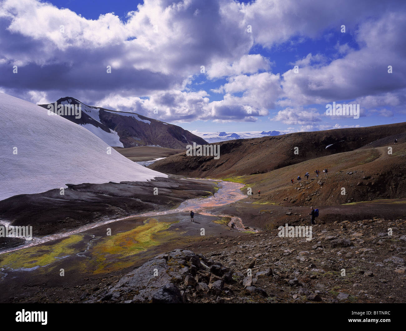 Hikers Crossing Riverbed in the Southern Highlands, Iceland Stock Photo ...