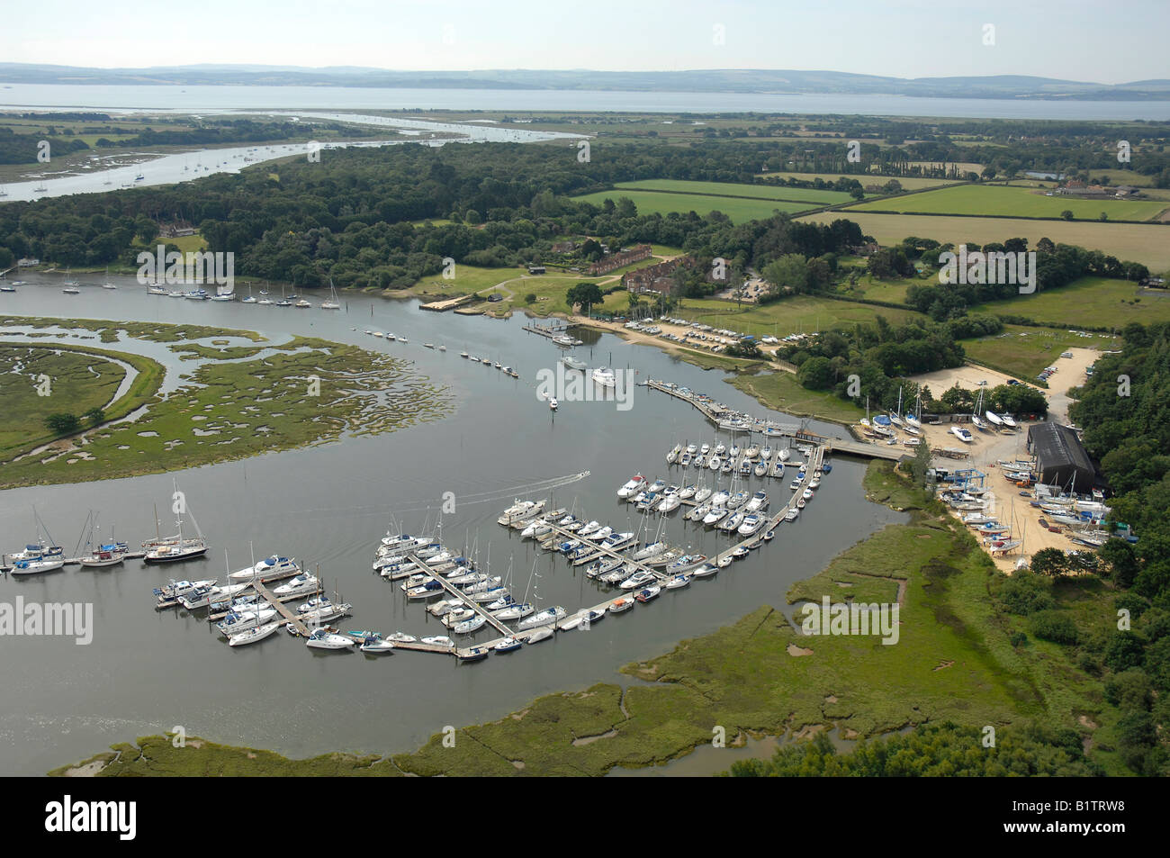 Aerial view of Beaulieu River showing Bucklers Hard marina Stock Photo ...