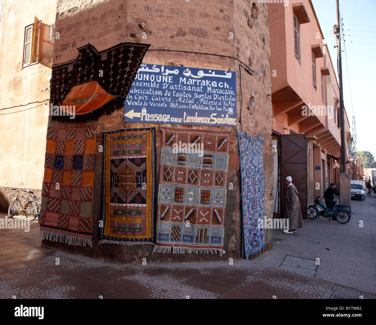 Carpets hanging on side of building, Morocco Marrakech Stock Photo - Alamy
