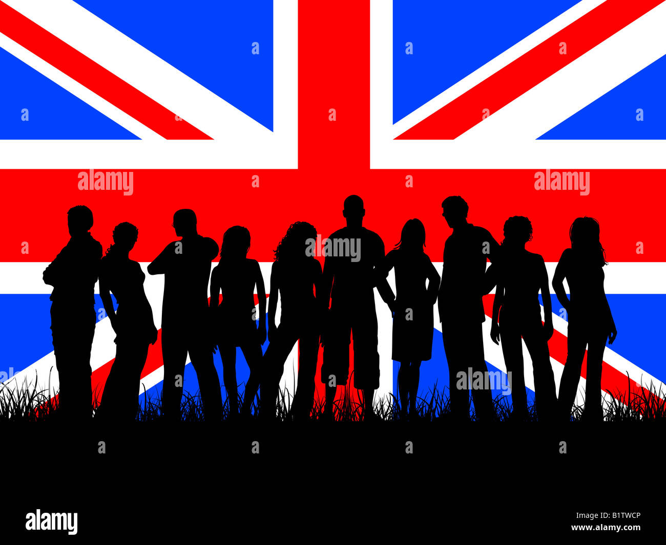 Silhouette of a group of people on a Union Jack background Stock Photo ...
