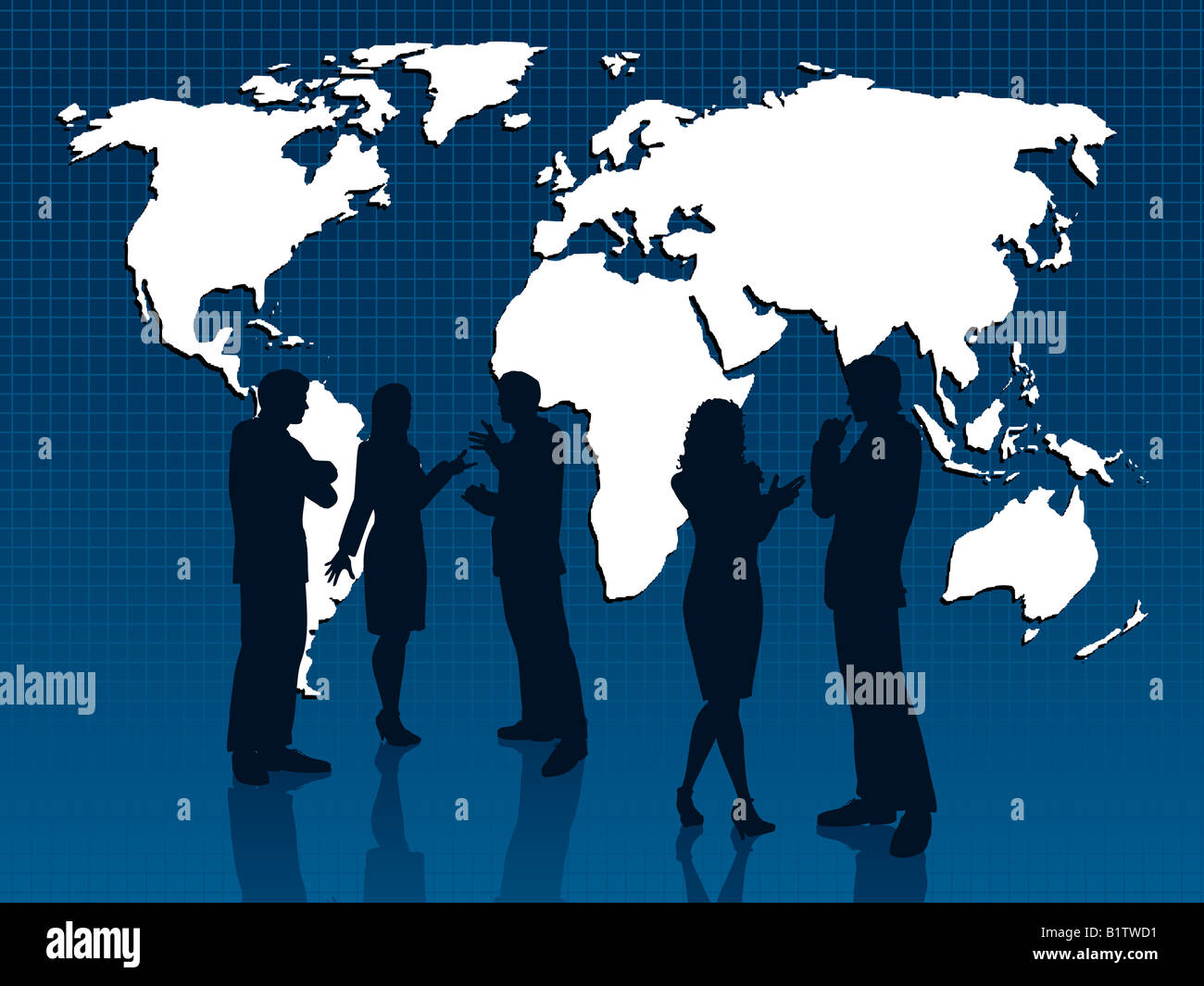 Silhouettes of business people talking on a world map background Stock ...