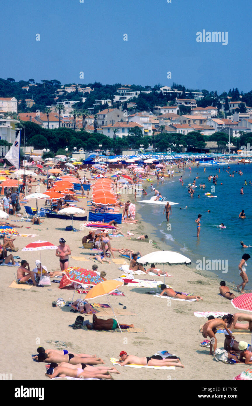 Sainte Ste. Maxime Beach and town Var South of France people sunbathing ...